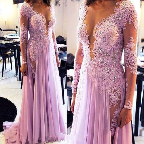 Scoop Sheer Top Lavender Evening Dresses 2016 Chiffon Long Prom Dress