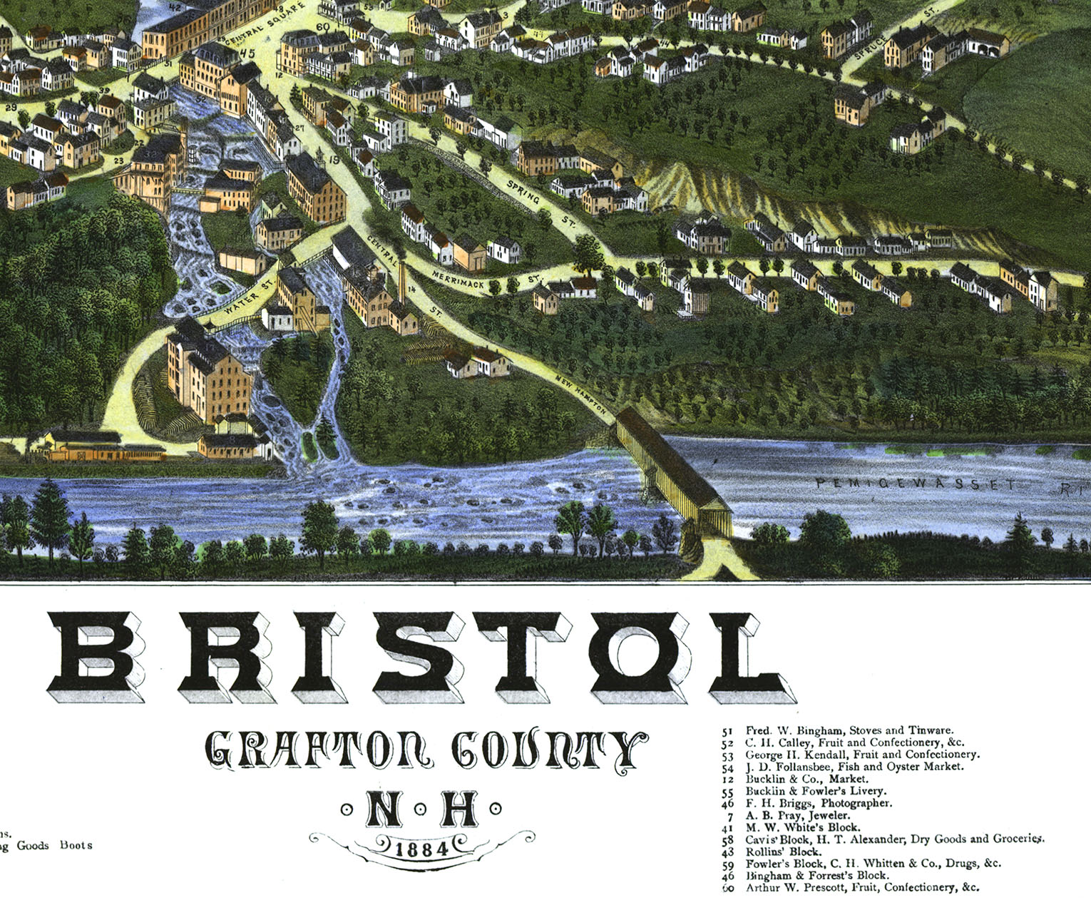Bristol, NH in 1884 - Bird's Eye View Map, Aerial, Panorama, Vintage ...