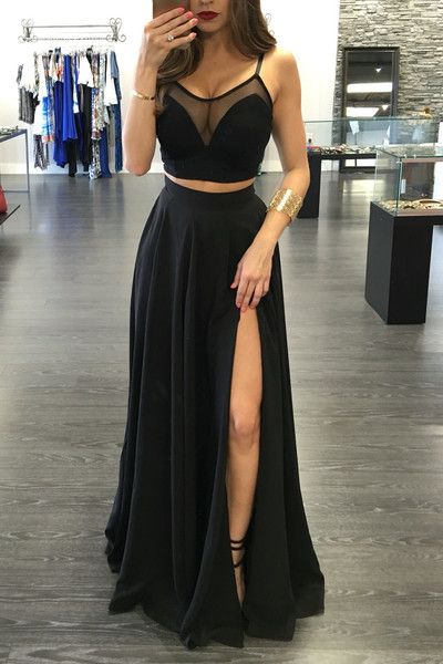 Sexy Two Piece Prom Dress A-line Black Chiffon High Split Long 2 Pieces ...