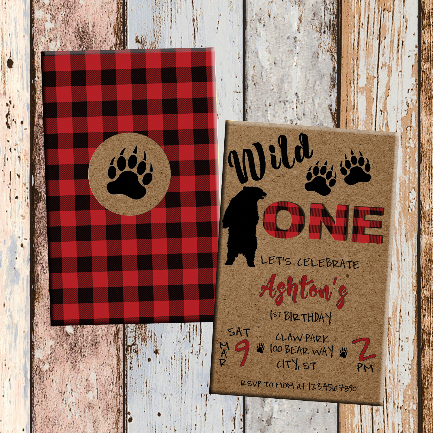 Wild One Bear Woodland Red Flannel Personalized Birthday Invitation